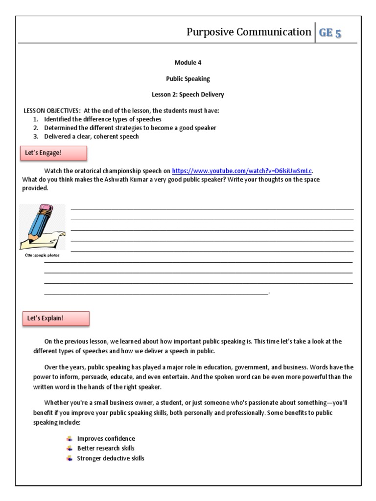 Module 4 Public Speaking Lesson 2 | PDF | Public Speaking | Speech