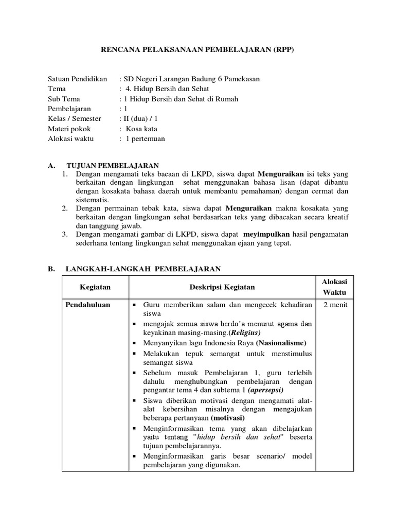 RPP Kelas 2 Tema 4 Subtema 1 Pembelajaran 1 | PDF