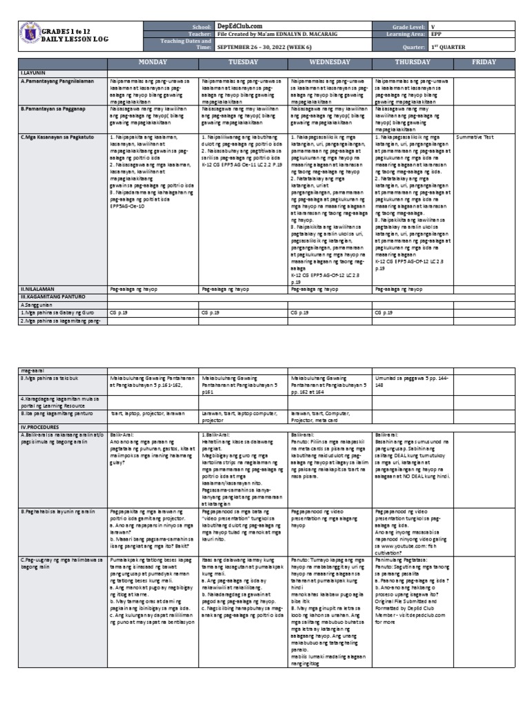 DLL - Epp 5 - Q1 - W6 | PDF