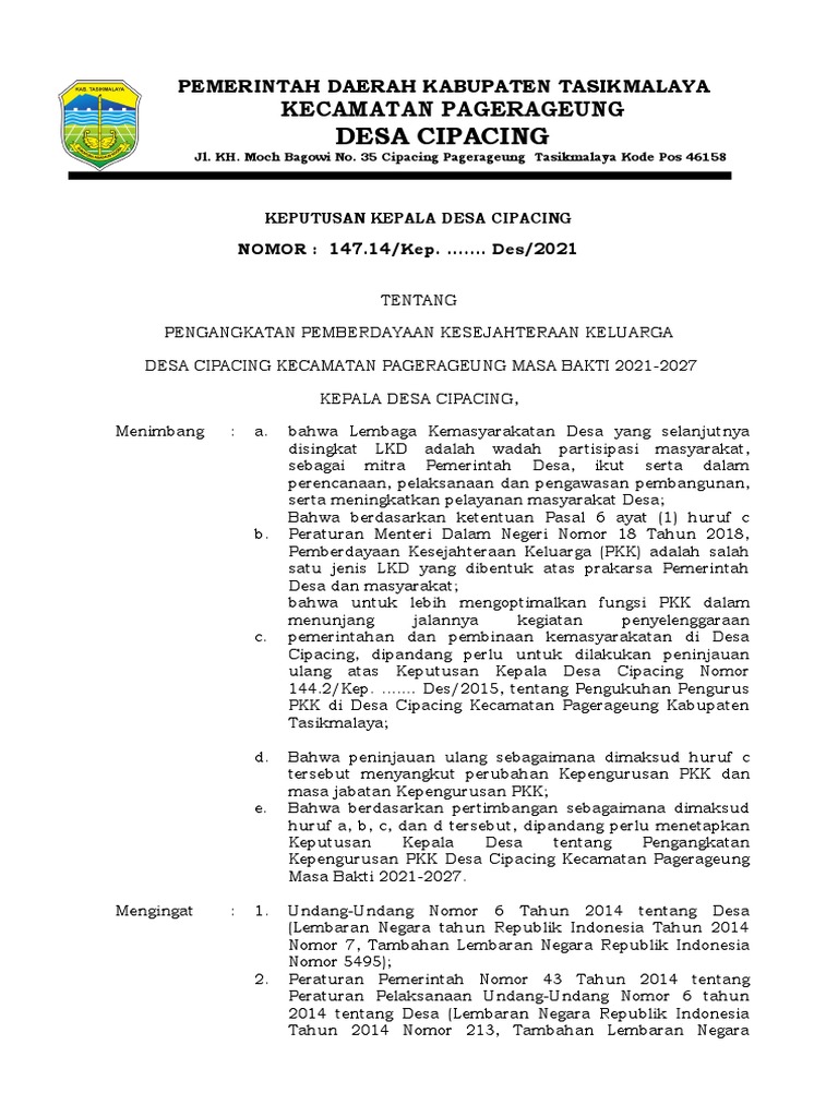 Format SK Pengangkatan PKK | PDF