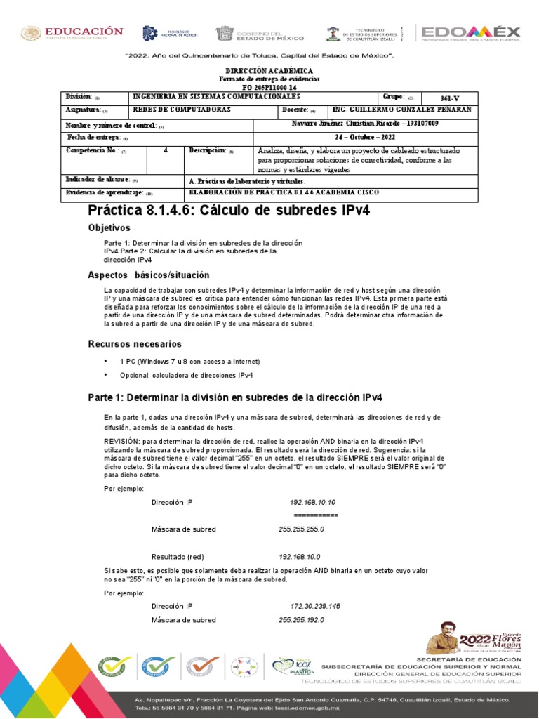 8.1.4.6 Lab - Calculating IPv4 Subnets | PDF | Dirección IP | Protocolos de red