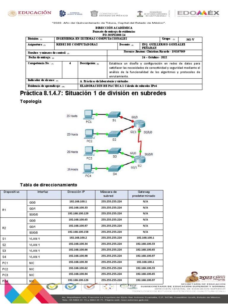 8.1.4.7 Packet Tracer - Subnetting Scenario 1 | PDF | Dirección IP | Protocolos de capa de red