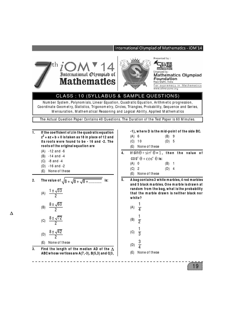 Olympiad IOM 2014 Class 10 Mathematics | PDF | Equations | Mathematics