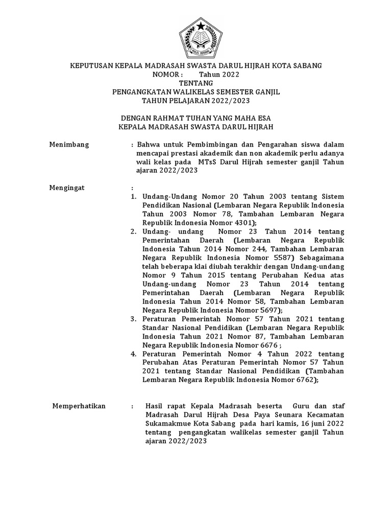 SK Wali Kelas Sem Ganjil 2022 | PDF