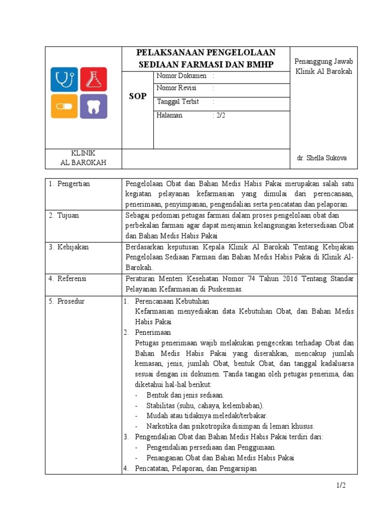 Sop Pelaksanaan Pengelolaan Sediaan Farmasi Dan BMHP | PDF