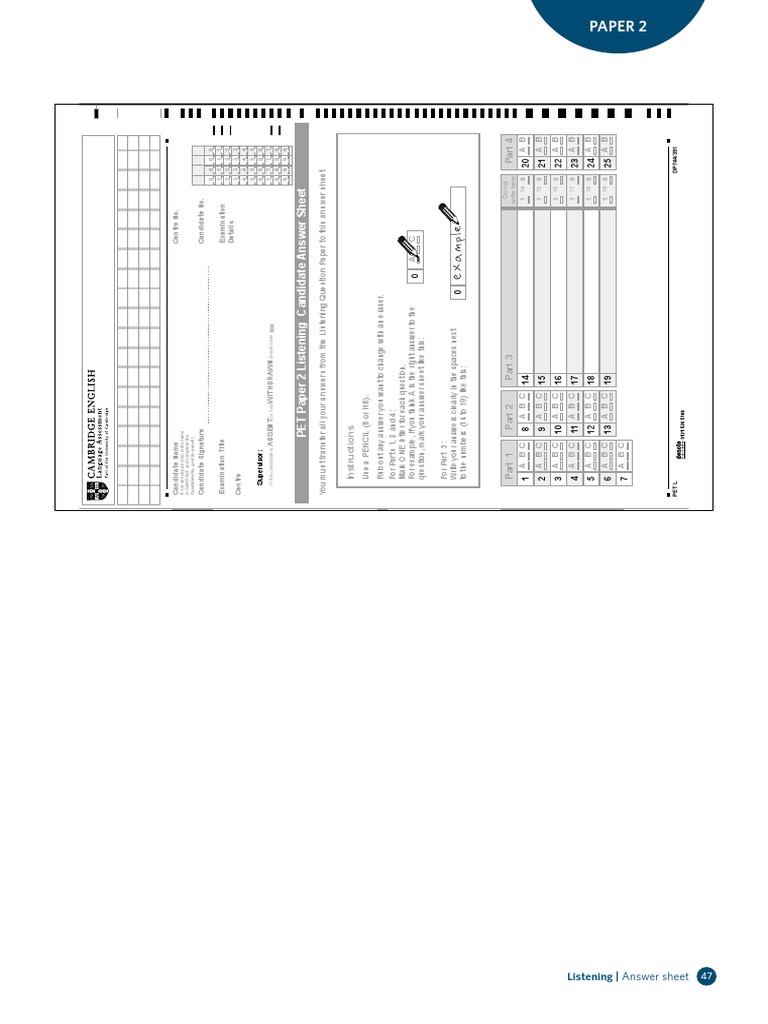 Listening Answer Sheet - PET | PDF | Written Communication | Writing