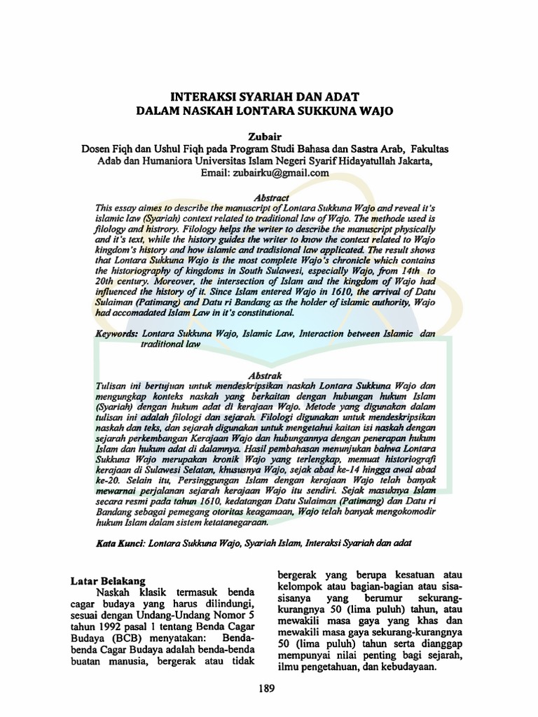 Zubair-FAH-Interkasi Syariah Dan Adat Dalam Naskah Lontara Sukkuna Wajo | PDF