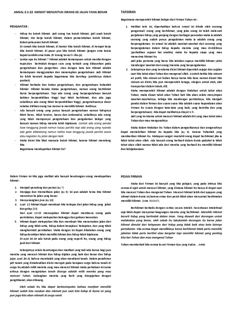 Hikmat dalam Amsal 2:1-22 | PDF | Agama & Spiritualitas