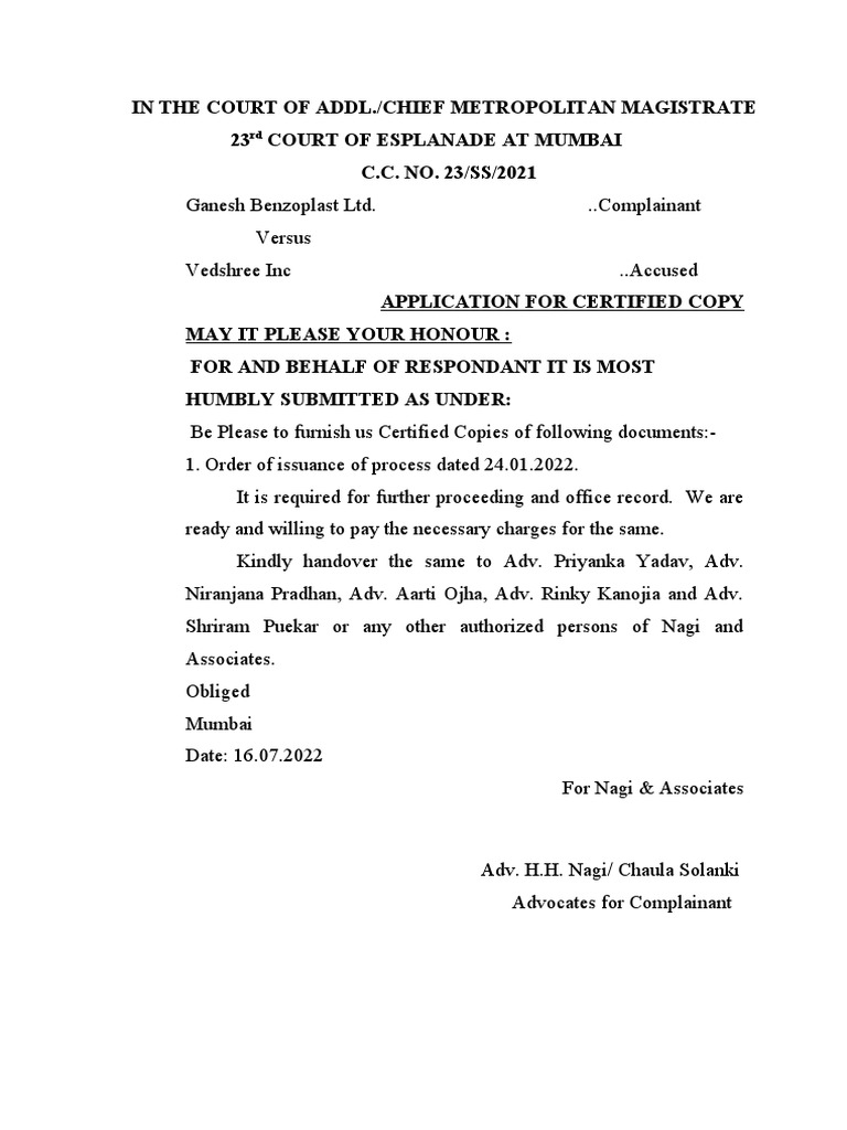 Certified Copy Application for Court Order | PDF