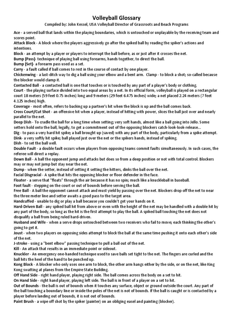 Volleyball Glossary | PDF | Volleyball | Games Of Physical Skill