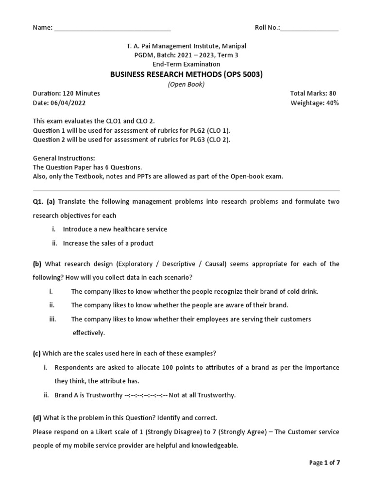 PGDM Business Research Methods Exam Questions | PDF | Coefficient Of ...