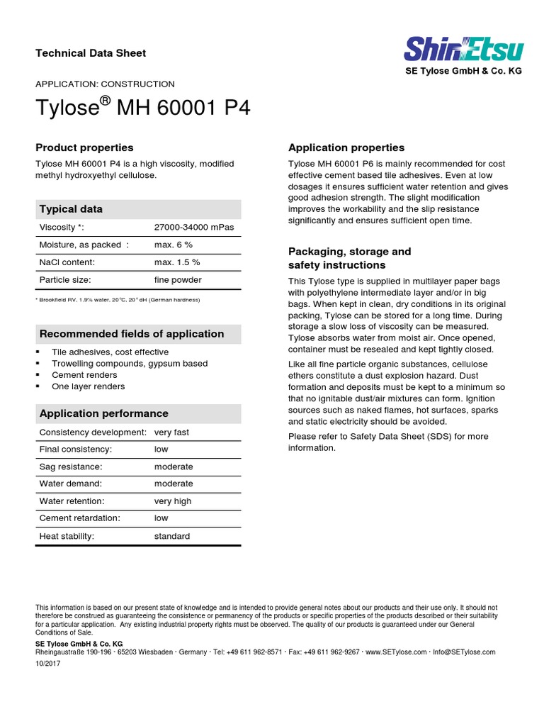 Tylose MH 60001 P4 TDS | PDF | Water | Cement