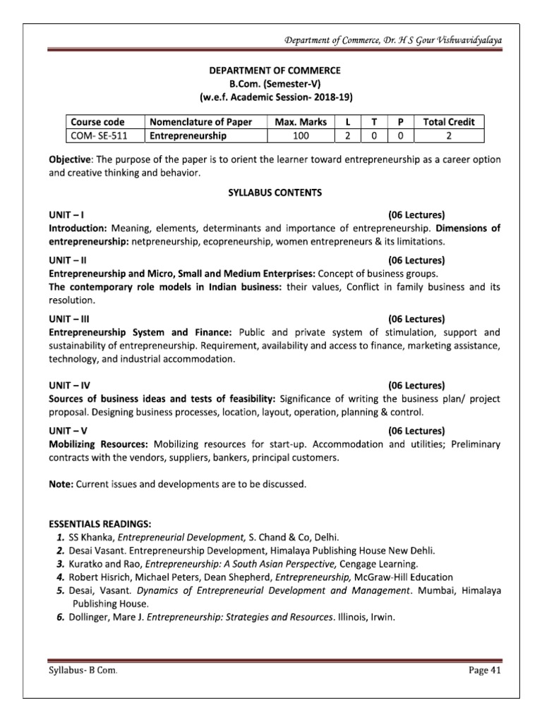 V Entrepreneurship Syllabus | PDF