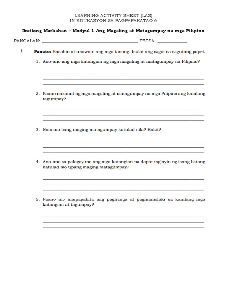 Learning Activity Sheet Esp 6 | PDF