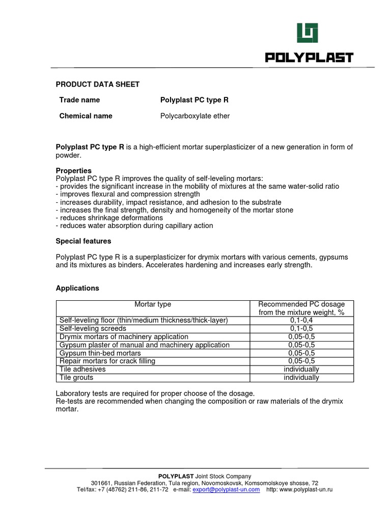 Polyplast PC Type R Product Overview | PDF | Mortar (Masonry) | Applied ...