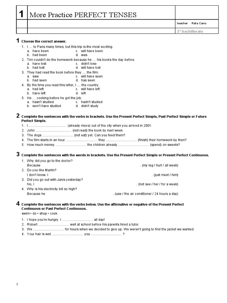 Perfect Tenses Practice Worksheet | PDF | Perfect (Grammar) | Grammar