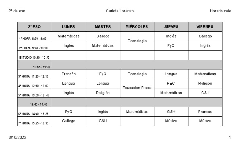 2º de Eso - Horario Cole | PDF