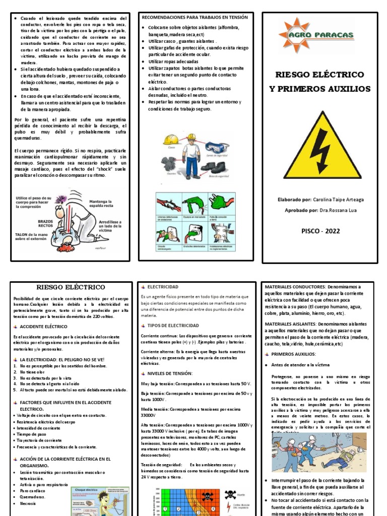 Triptico de Primeros Auxilios | PDF | Electricidad | Corriente eléctrica