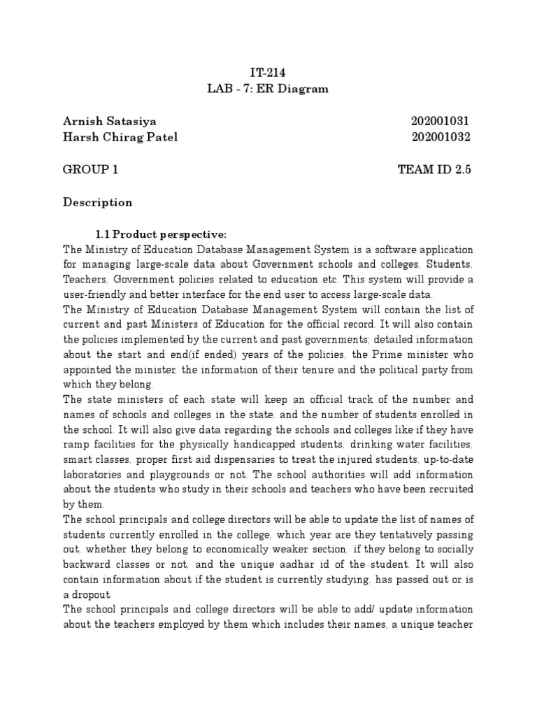 IT-214 LAB - 7: ER Diagram Arnish Satasiya 202001031 Harsh Chirag Patel ...