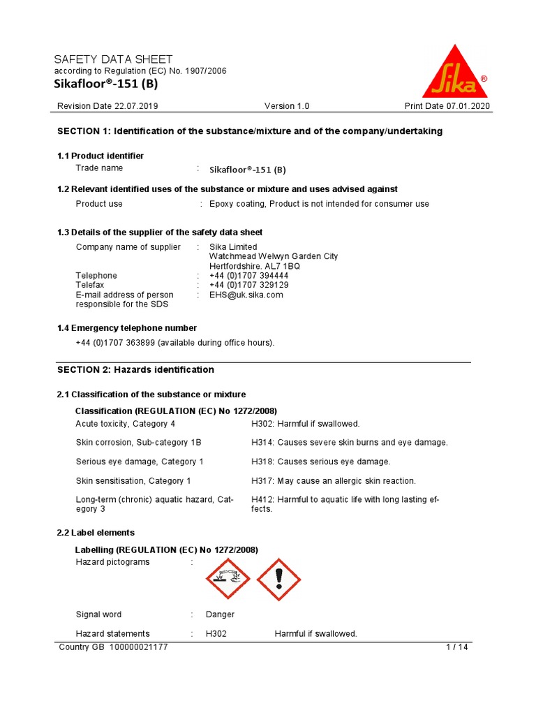Sika Sikafloor 151 Sds B Promain 22 07 2019 | PDF | Toxicity | Dangerous Goods