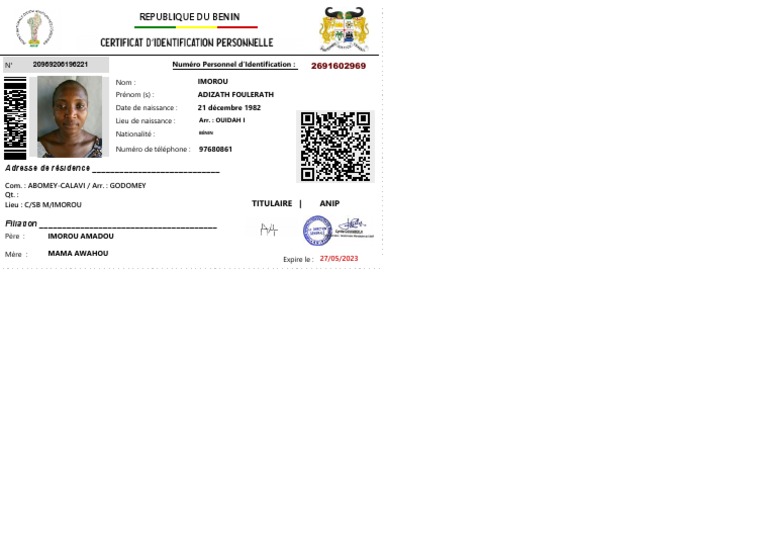 Carte d'identité ANIP Bénin 2023 | PDF | Droit