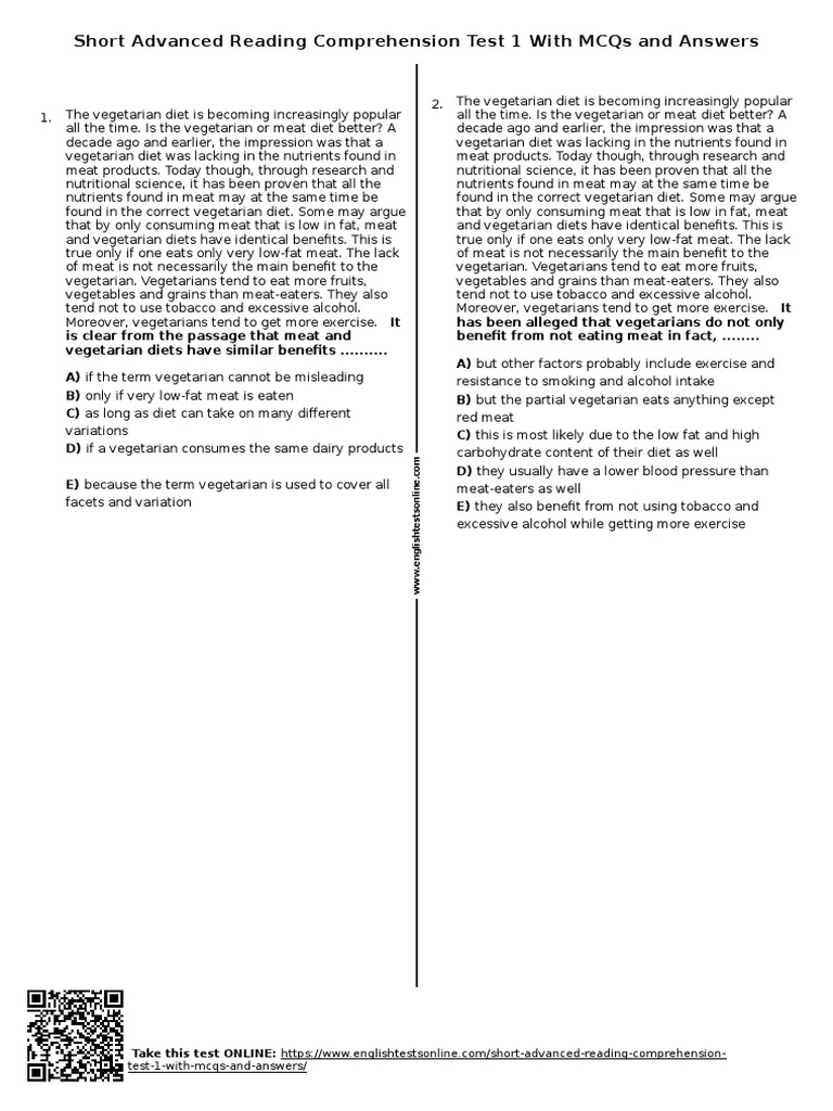 844 - Short Advanced Reading Comprehension Test 1 With Mcqs and Answers ...