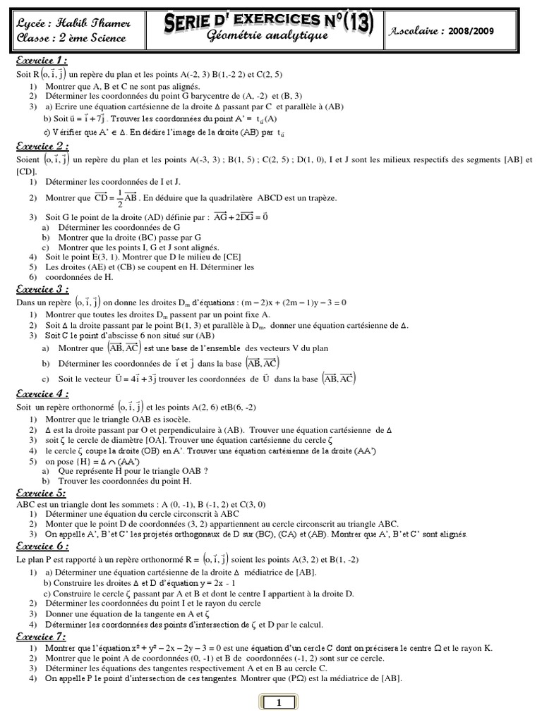 Série N°12 Géométrie Analytique | PDF | Cercle | Coordonnées cartésiennes