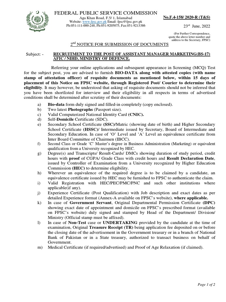 Federal Public Service Commission: 23 June, 2022 | PDF | Identity ...