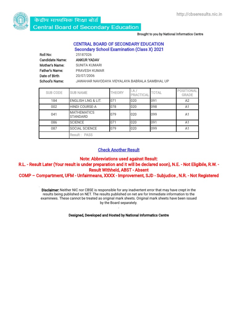 Ankur Yadav Result Secondary School Examination (Class X) 2021 | PDF | Schools | Educational ...