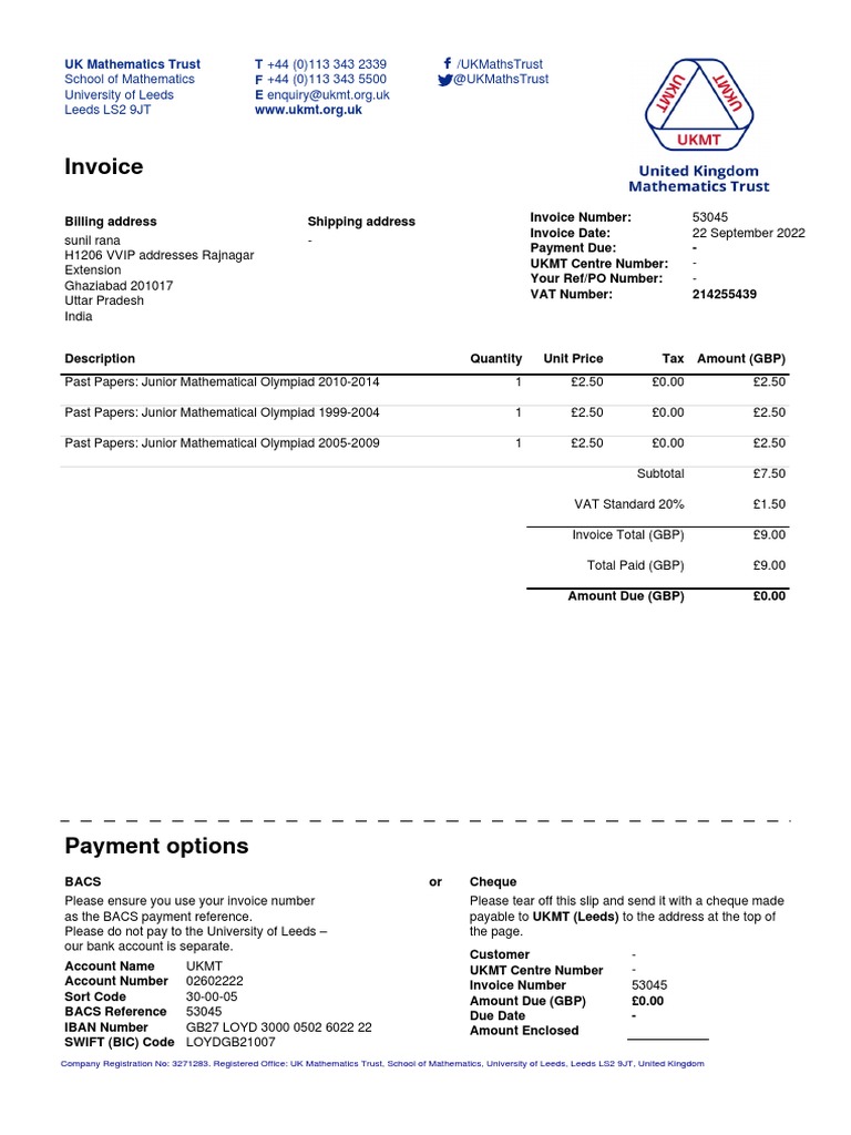 Invoice: UK Mathematics Trust T +44 (0) 113 343 2339 F +44 (0) 113 343 ...