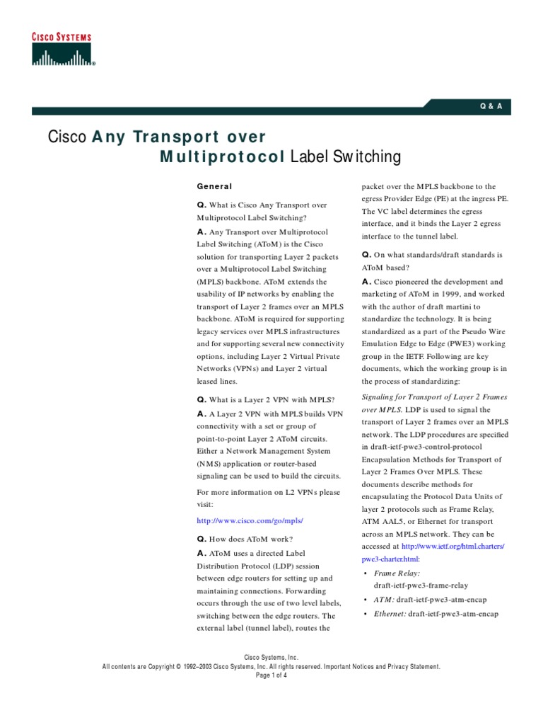 Any Transport Over Multiprotocol: Cisco Label Switching | PDF ...
