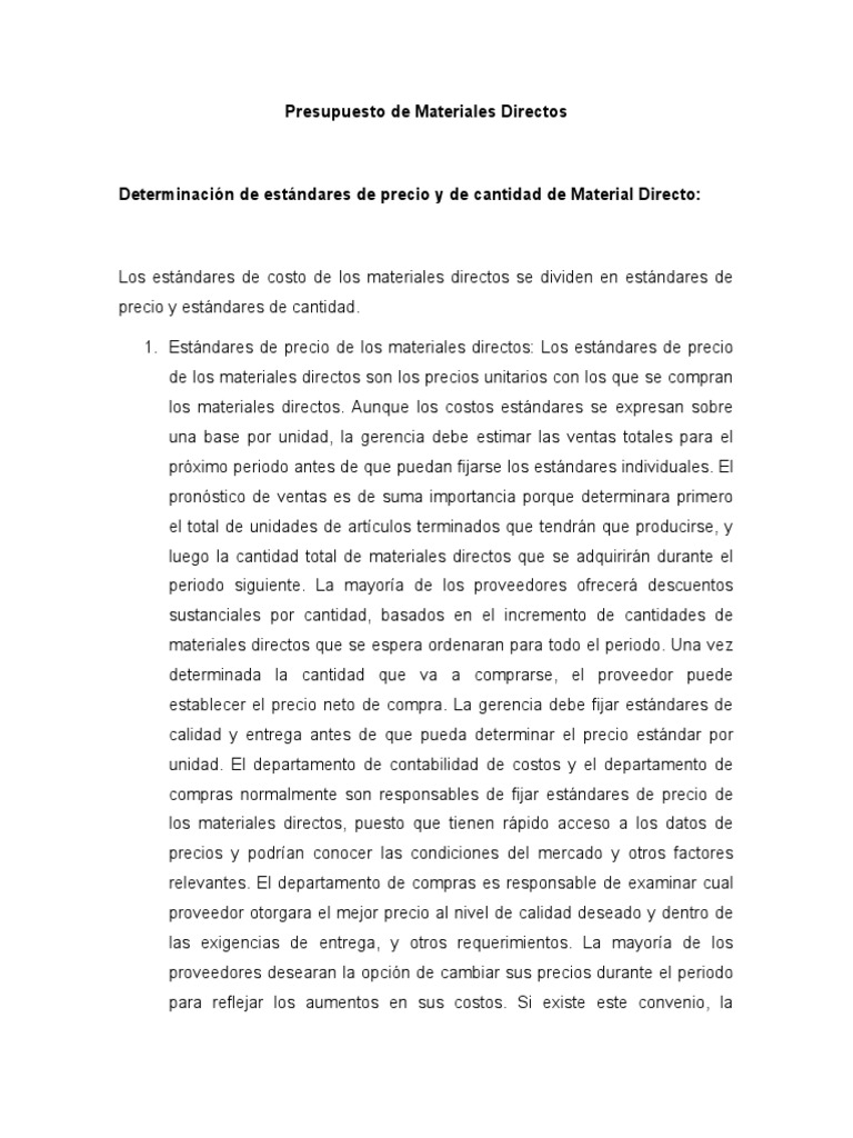 Presupuesto y Estándares de Materiales Directos | PDF | Tecnología