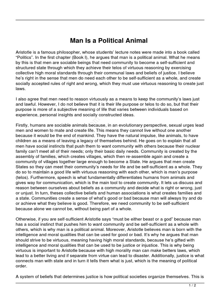 Aristotle's View on Man as Political Animal | PDF | Reason | Virtue