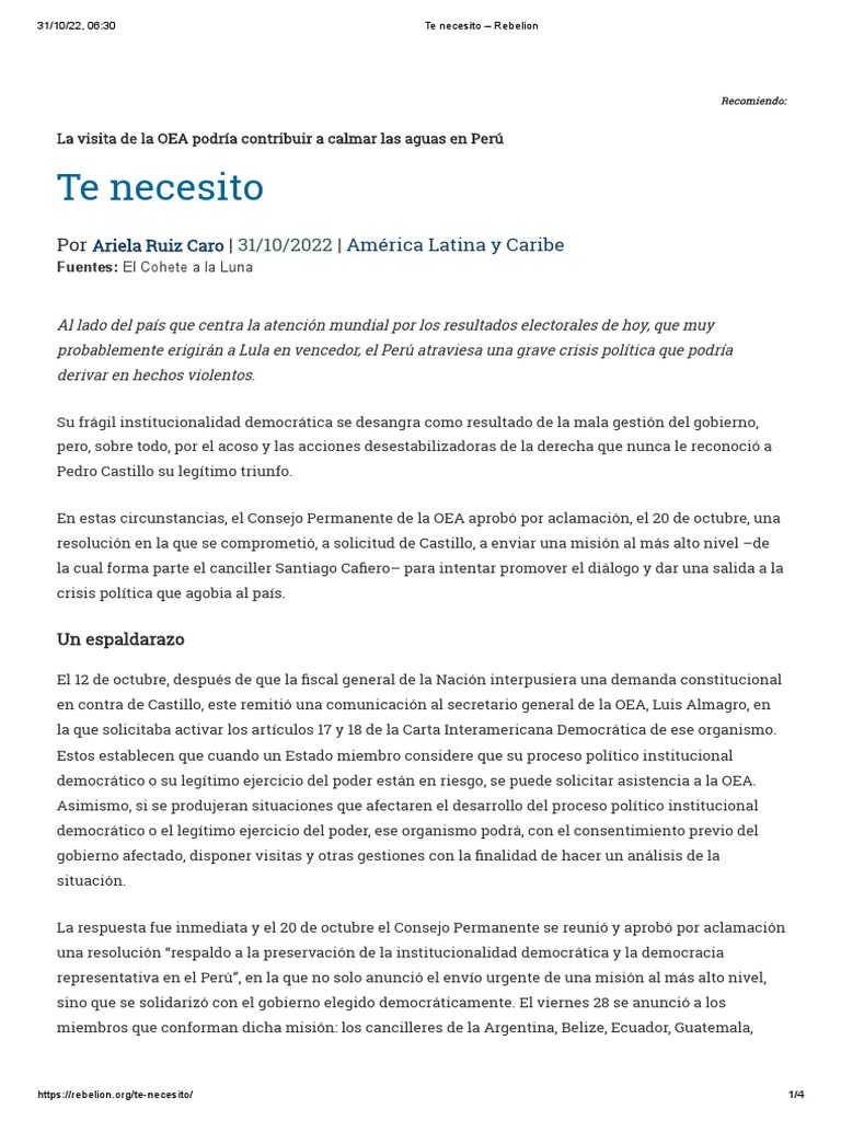 Te Necesito - Rebelion | PDF | Perú | Democracia
