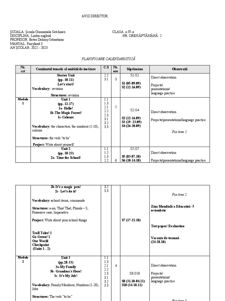 Planificare Calendaristica Clasa A III Satchinez, Betea Dekany ...