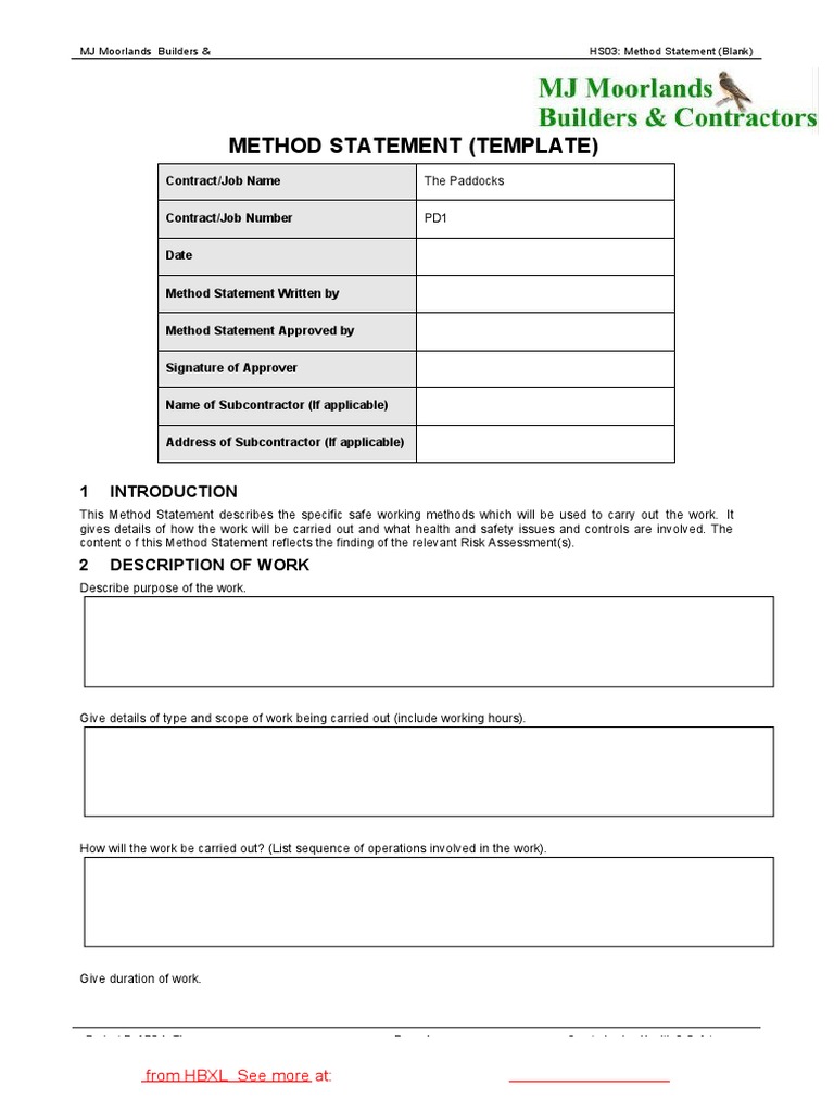 Method Statement (Template) - HBXL | PDF