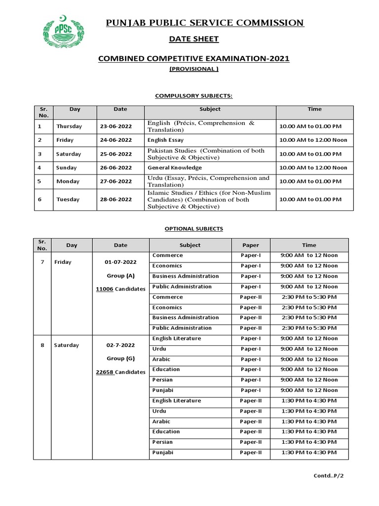 Pms Date Sheet 2022 | PDF | Science