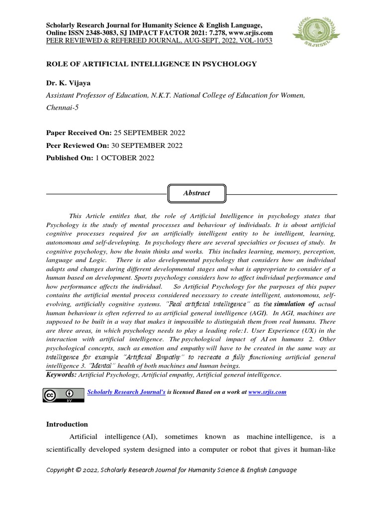 Role of Artificial Intelligence in Psychology | PDF | Intelligence (AI ...