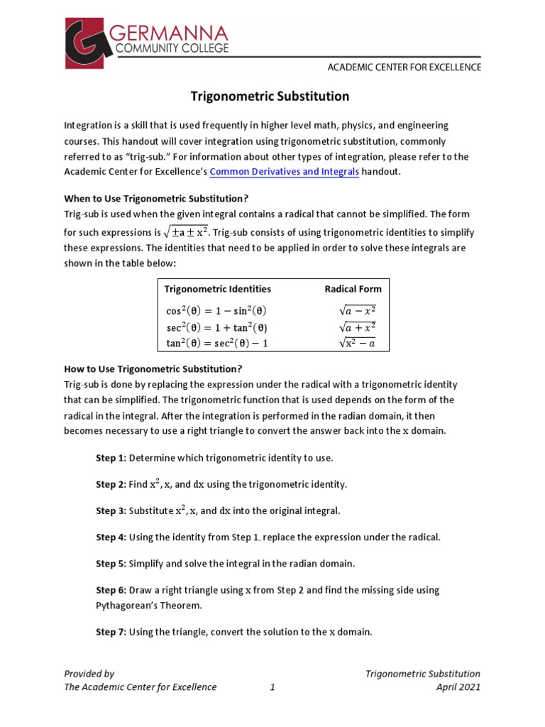 Trigonometric Substitution | PDF | Trigonometric Functions | Trigonometry