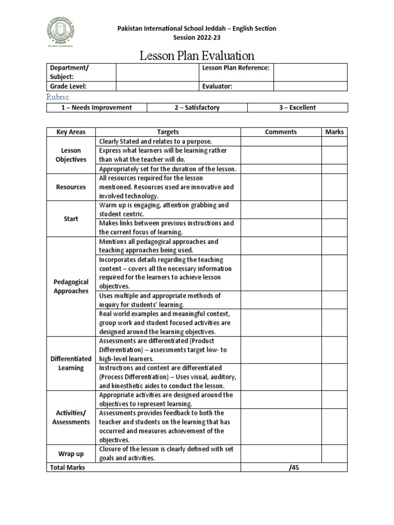 Lesson Plan Evaluation Template | PDF | Educational Assessment | Lesson ...