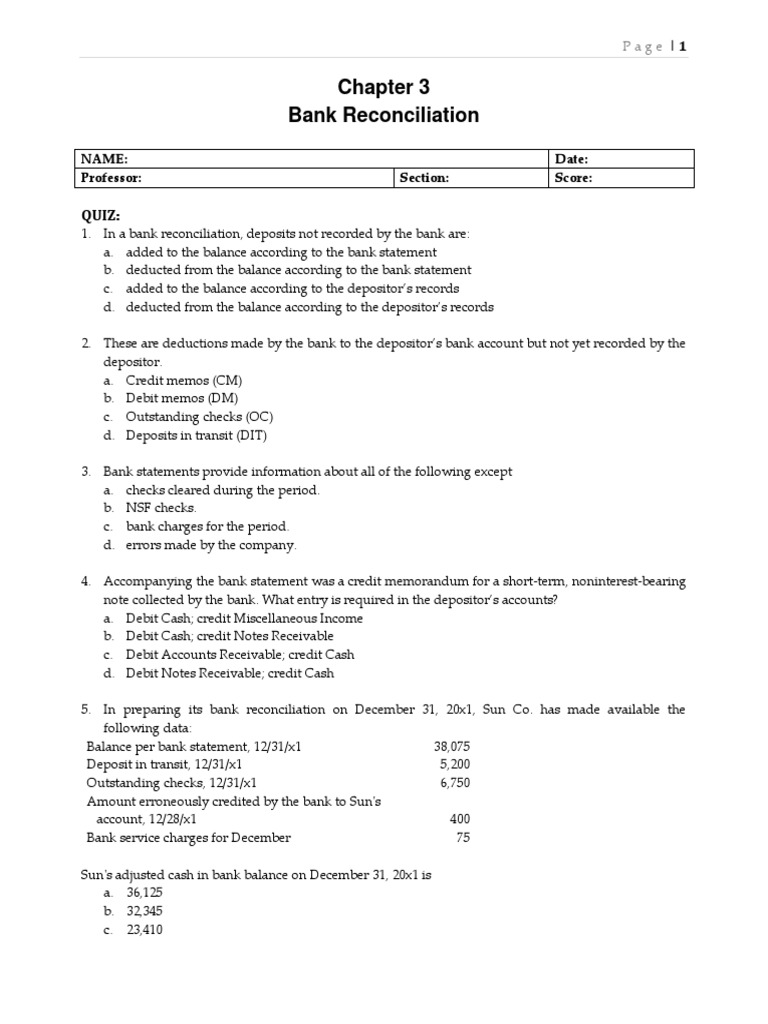 Quiz - Chapter 3 - Bank Reconciliation - Ia 1 - 2020 Edition | PDF ...