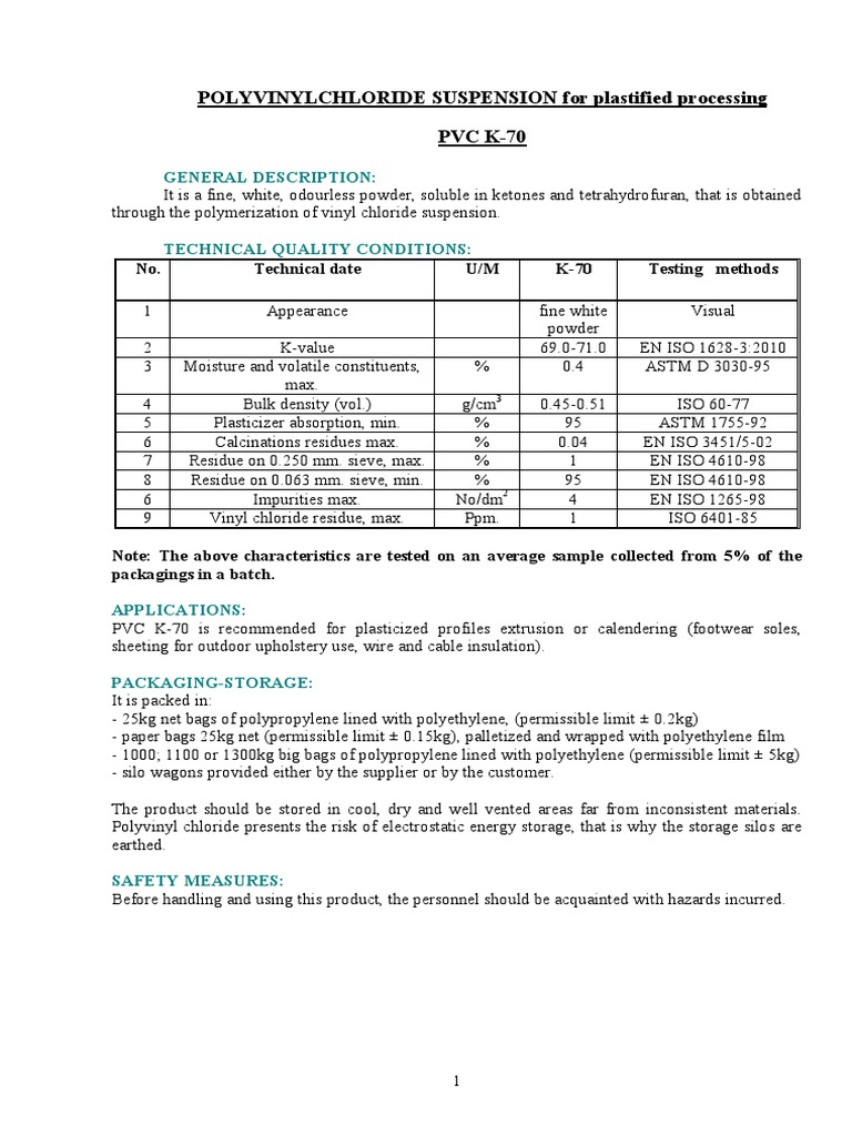PVC Suspension K-70 | PDF | Polyvinyl Chloride | Economic Sectors