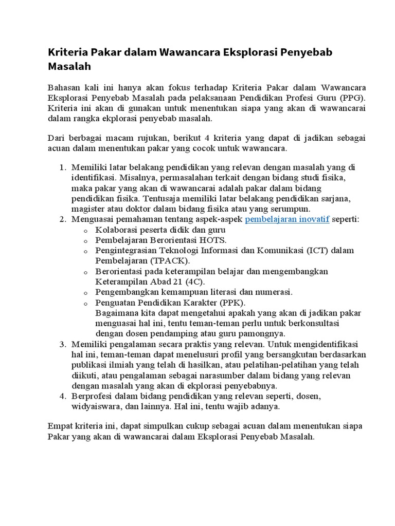 Kriteria Pakar Dalam Wawancara Eksplorasi Penyebab Masalah | PDF