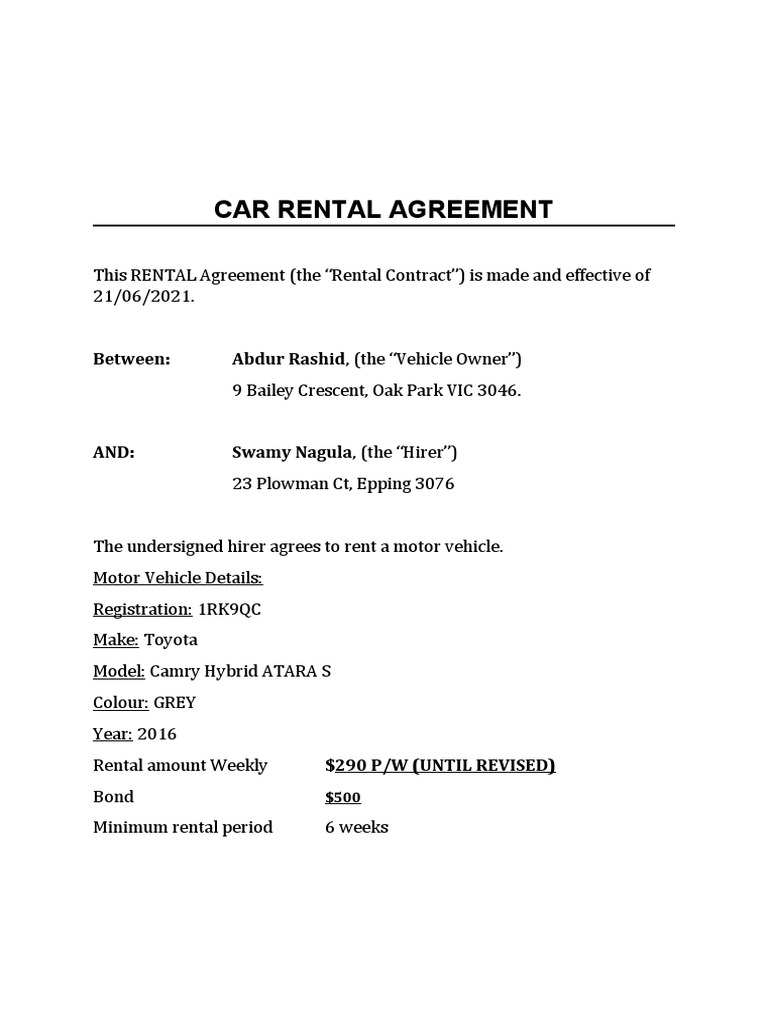 A Comprehensive Car Rental Agreement Outlining Responsibilities of ...