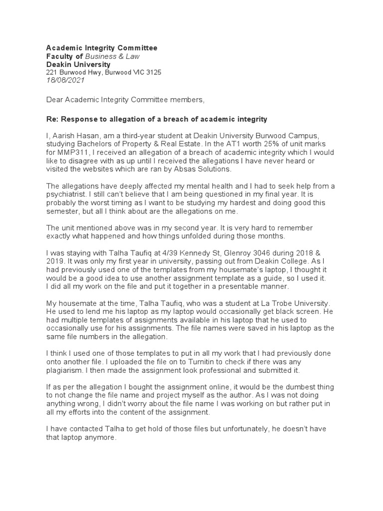 Response to Allegation of Breach of Academic Integrity: Student ...