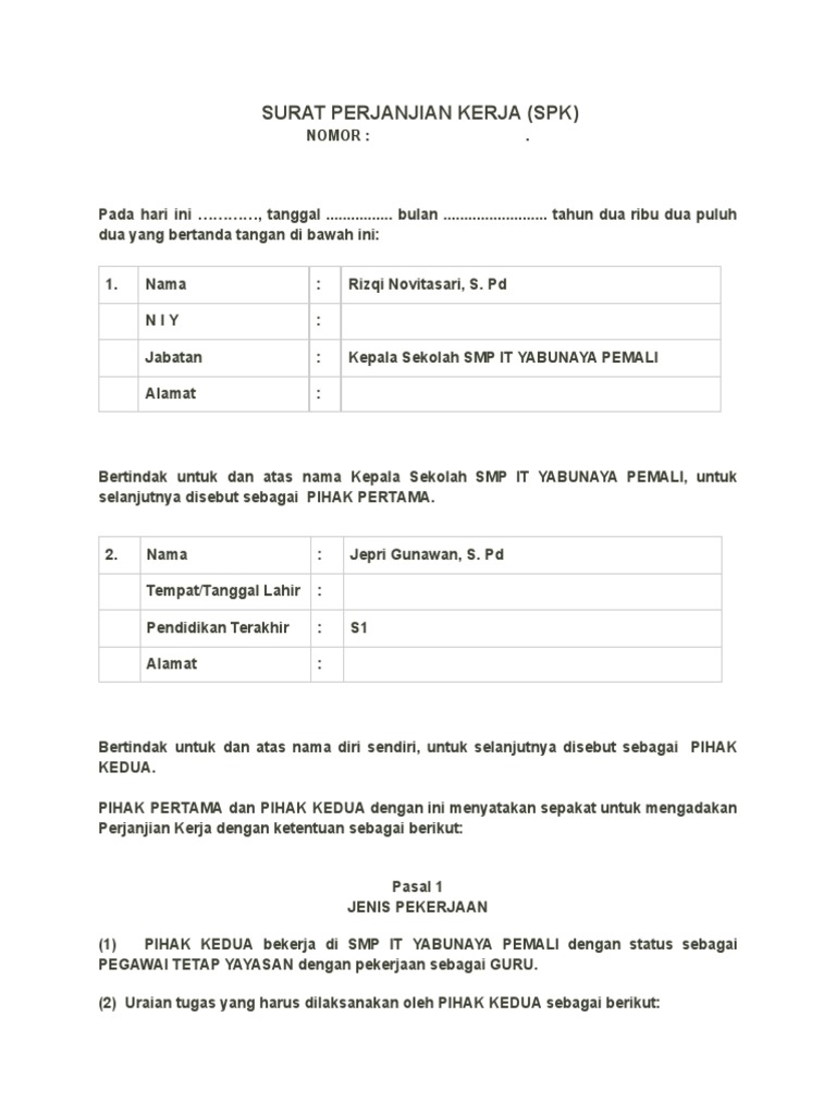 Surat Perjanjian Kerja (SPK) | PDF