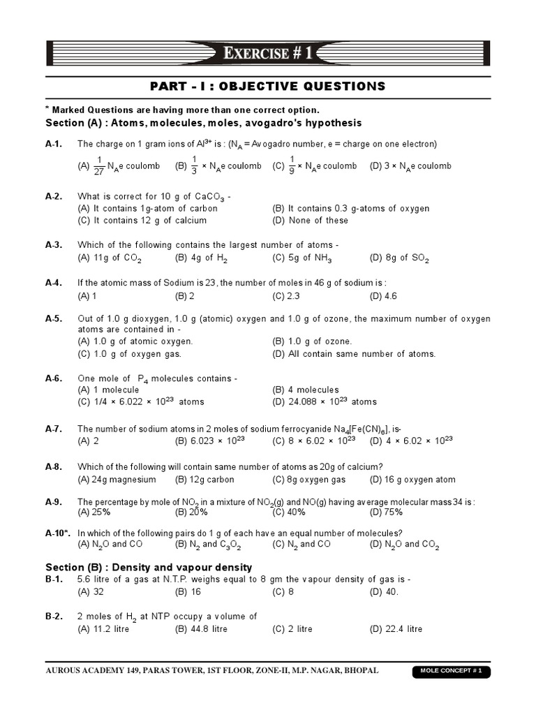 Mole Concept Exercise 1 Pdf Concentration Mole Unit