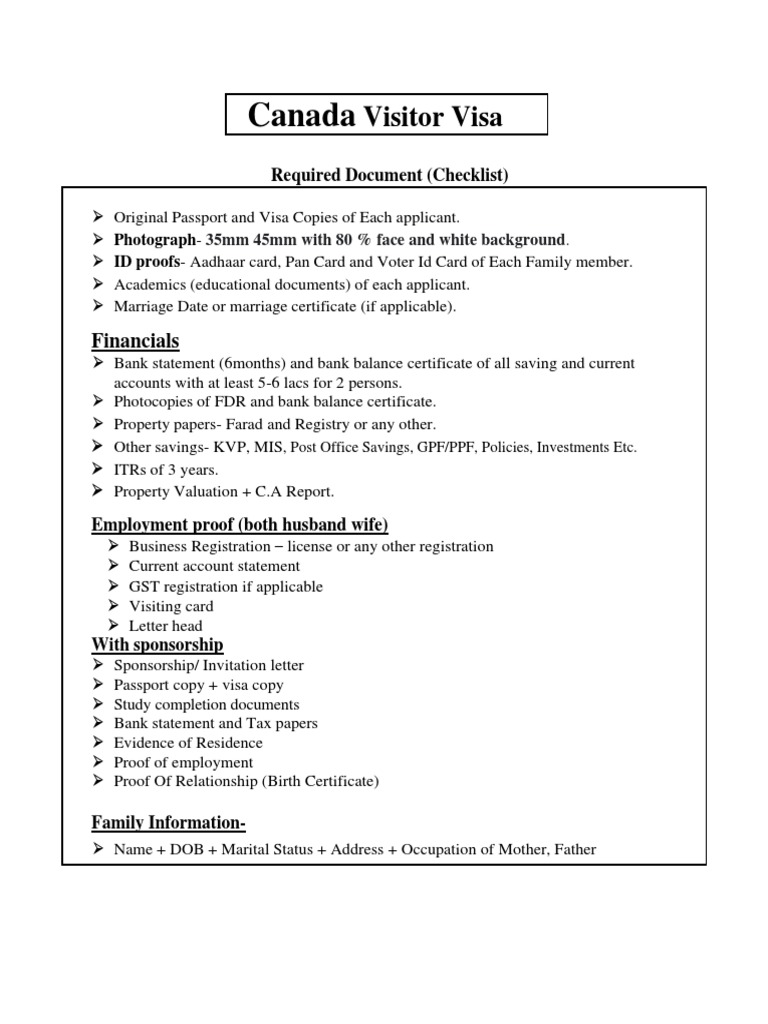 Canada Visa Document Checklist | PDF