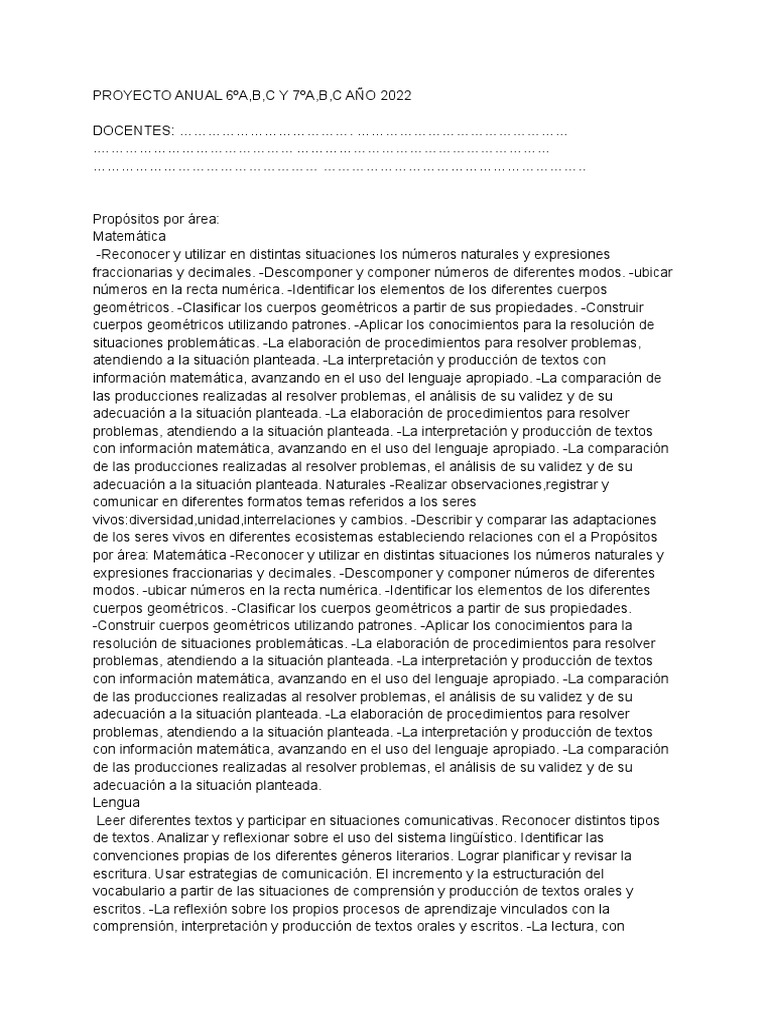 PROYECTO ANUAL 6to y 7mo 2022 | PDF | Sociedad | Números