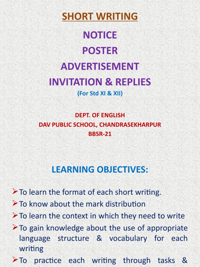 Notice, Poster, Advt & Invitation & Reply Writing | PDF | Advertising ...